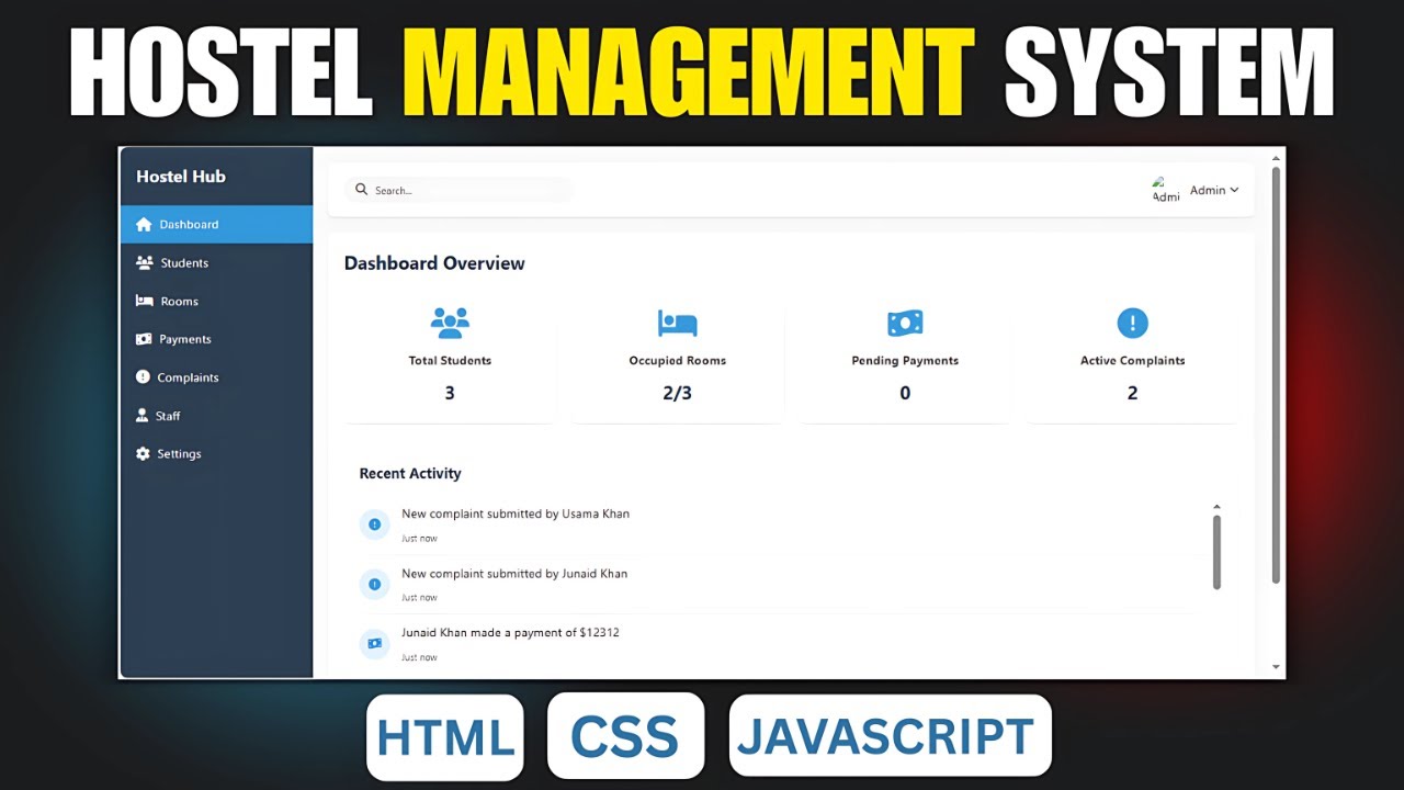01: Introduction to Hostel Management System | HTML, CSS & JavaScript Project for Beginners