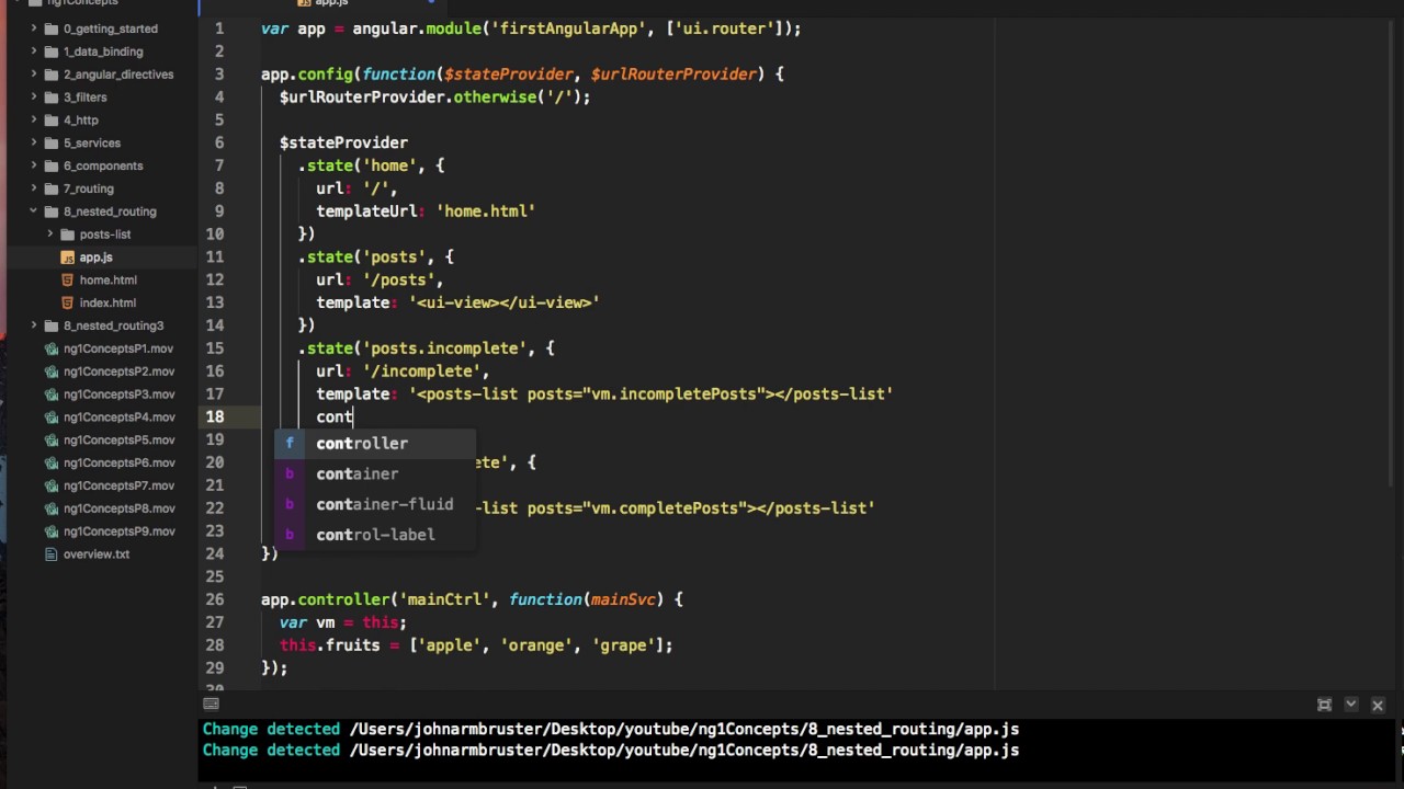AngularJS 1.6.x Tutorial - 9 - Nested Routes in UI-Router