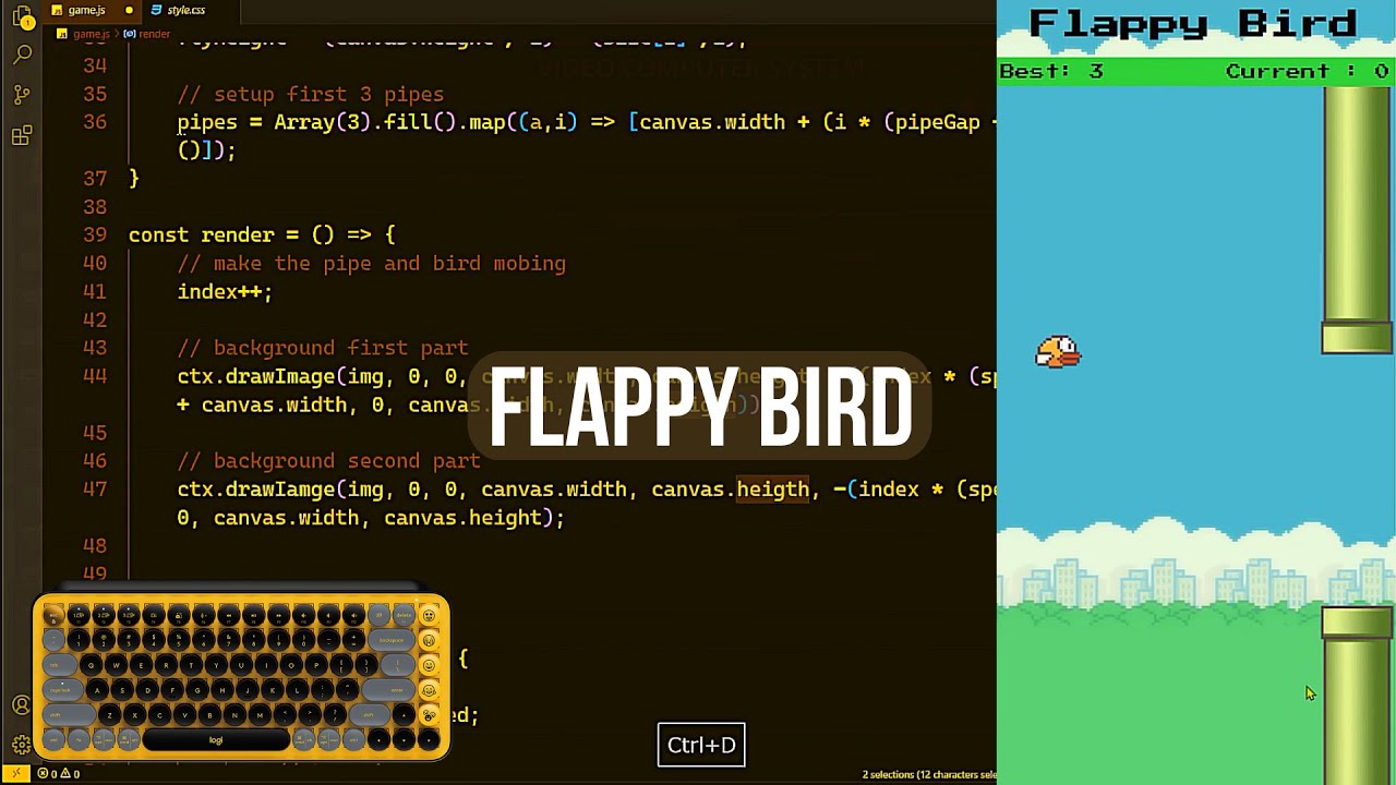 ASMR Programming - Retro Coding Flappy Bird Game in JavaScript - No Talking プログラミングの雨