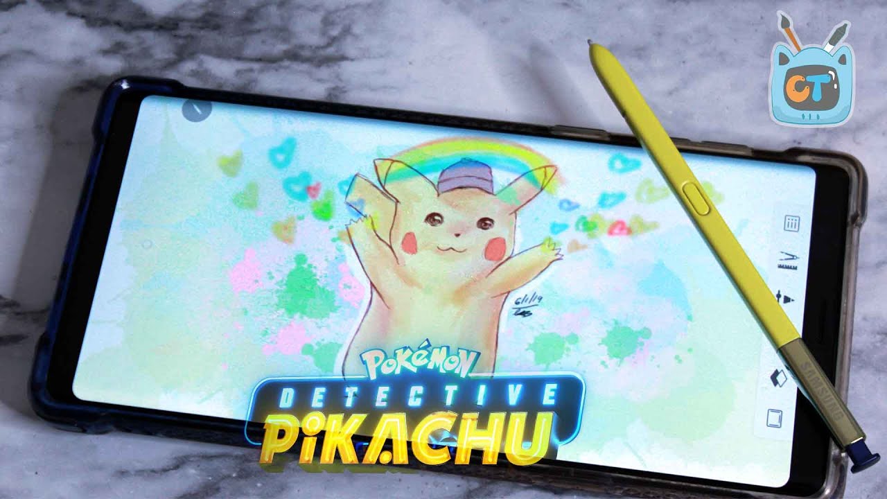 Drawing Detective Pikachu on my Samsung Galaxy Note 9