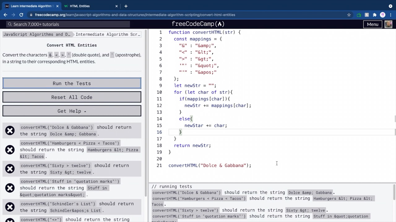 convert HTML entities   FreeCodeCamp challenge