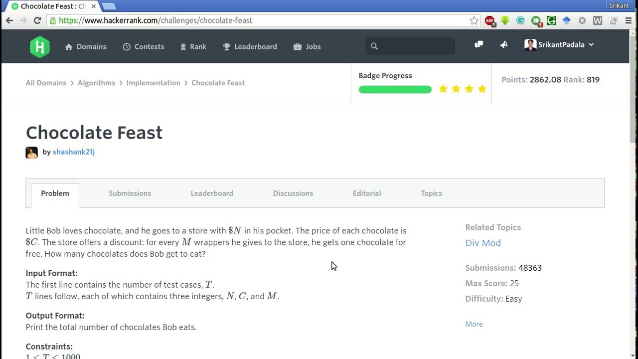 HackerRank | Chocolate Feast Solution