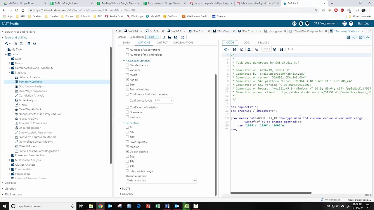 SAS Studio - Basic Summary Stats & Linear Regression