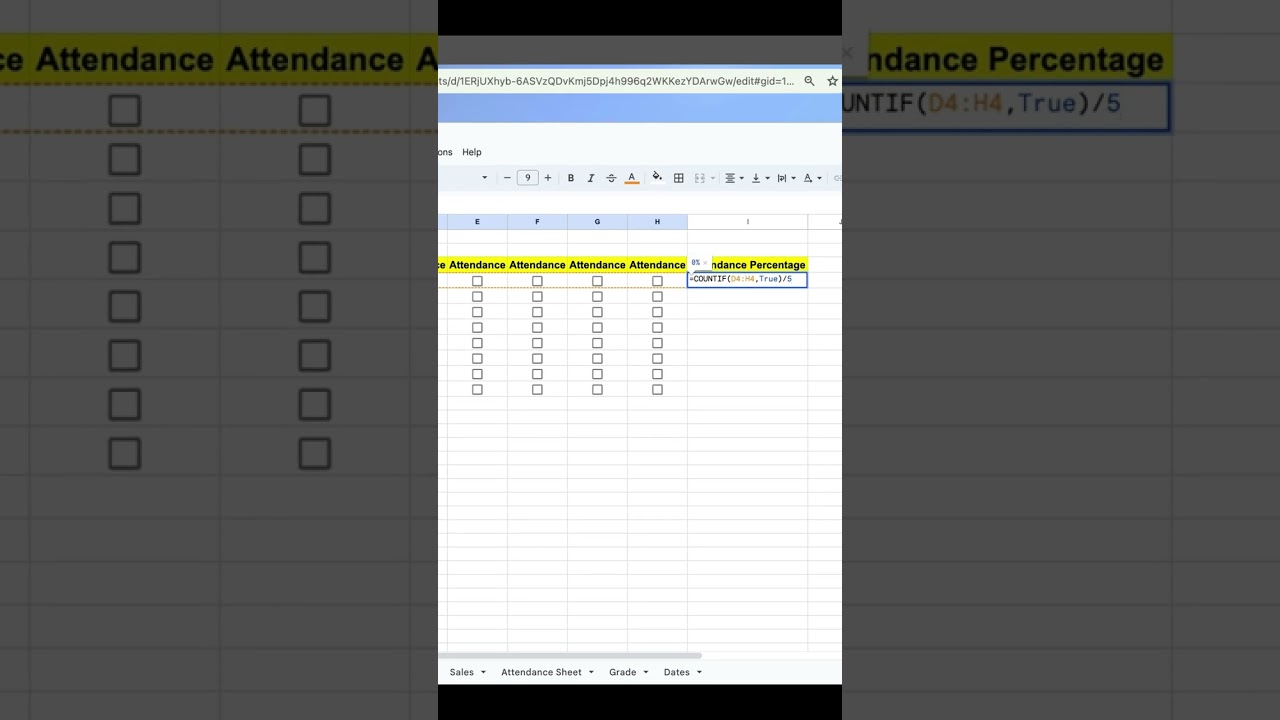 Attendance Percentage Calculator using Tick-Box #shorts #googlesheets