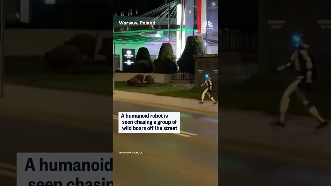 A humanoid robot is seen chasing a group of wild boars off the street