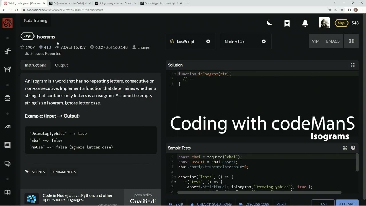 Codewars 7 kyu Isograms JavaScript