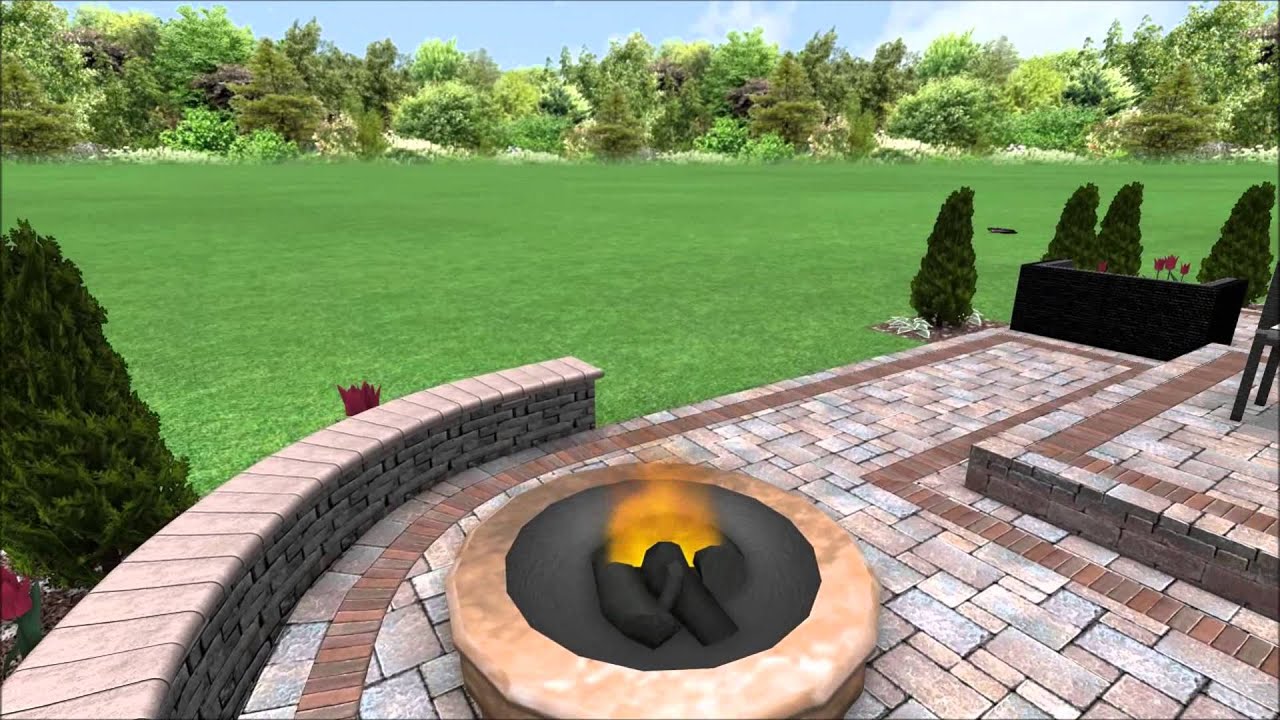 Unilock Patio with Rivercrest Walls & Fire Pit