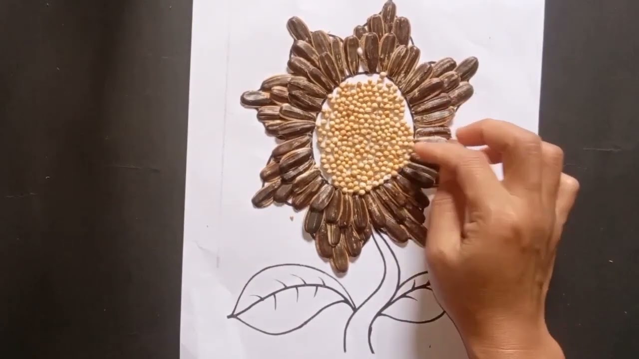 Kolase gambar bunga matahari dari biji-bijian(kuaci,ketumbar,kacang ijo)