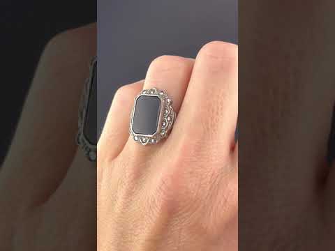 Art Deco Sterling Silver Onyx Marcasite Statement Ring