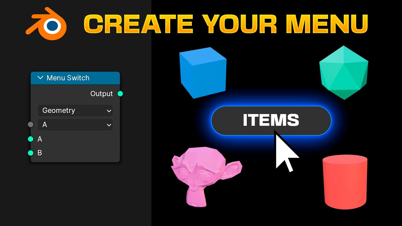 Create a MENU with Objects, Materials, Texts in Blender 4.1 - Geometry Nodes