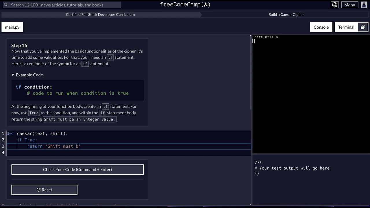 FreeCodeCamp - Python Project - Step 16 of 25 - Caesar Cipher
