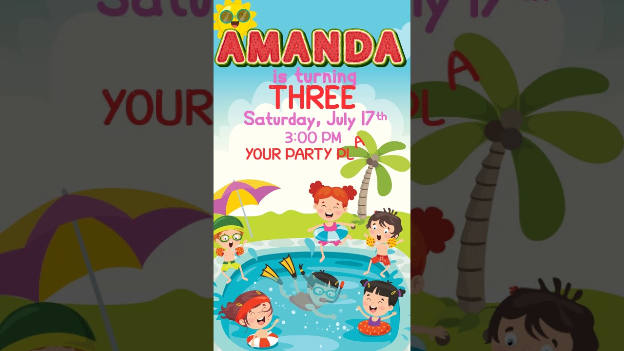 Animated Girl Pool Party Invites With Personalized Photo and Text | Video Invitation, Summer Party