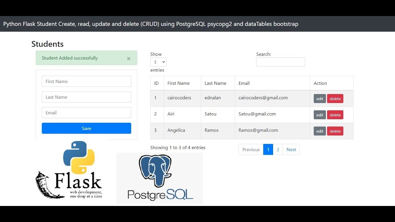 Python Flask Student Create, read, update and delete (CRUD) using PostgreSQL psycopg2 and dataTables
