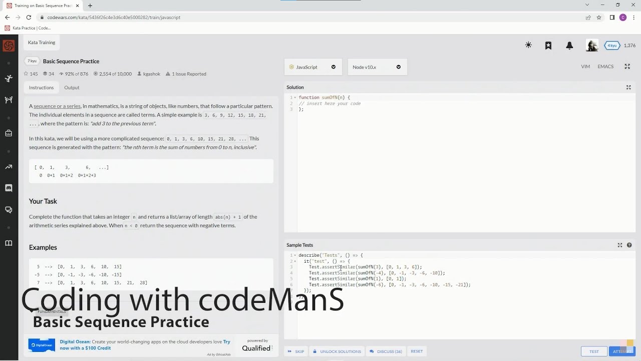 Codewars 7 kyu Basic Sequence Practice Javascript