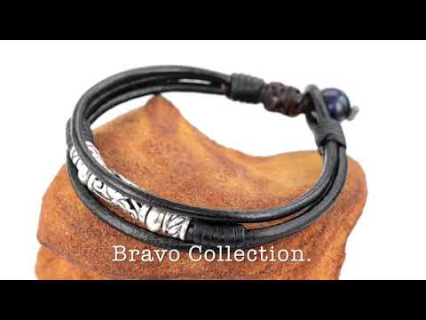 B-227 CUSTOM MADE Sterling Silver Leather & Blue Tiger's Eye Surf Men Bracelet.