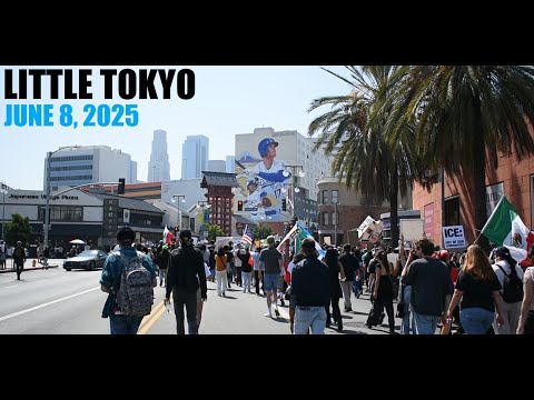 Protesters march past Shohei Ohtani mural, Miyako Hotel, Little Tokyo June 8, 2025