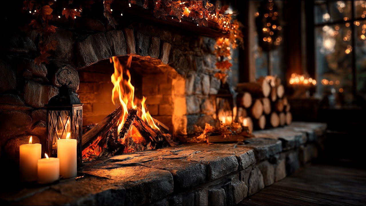 Autumn Crackling Fireplace 4K in a Cozy Cabin Ambience for Relaxation and Insomnia Relief