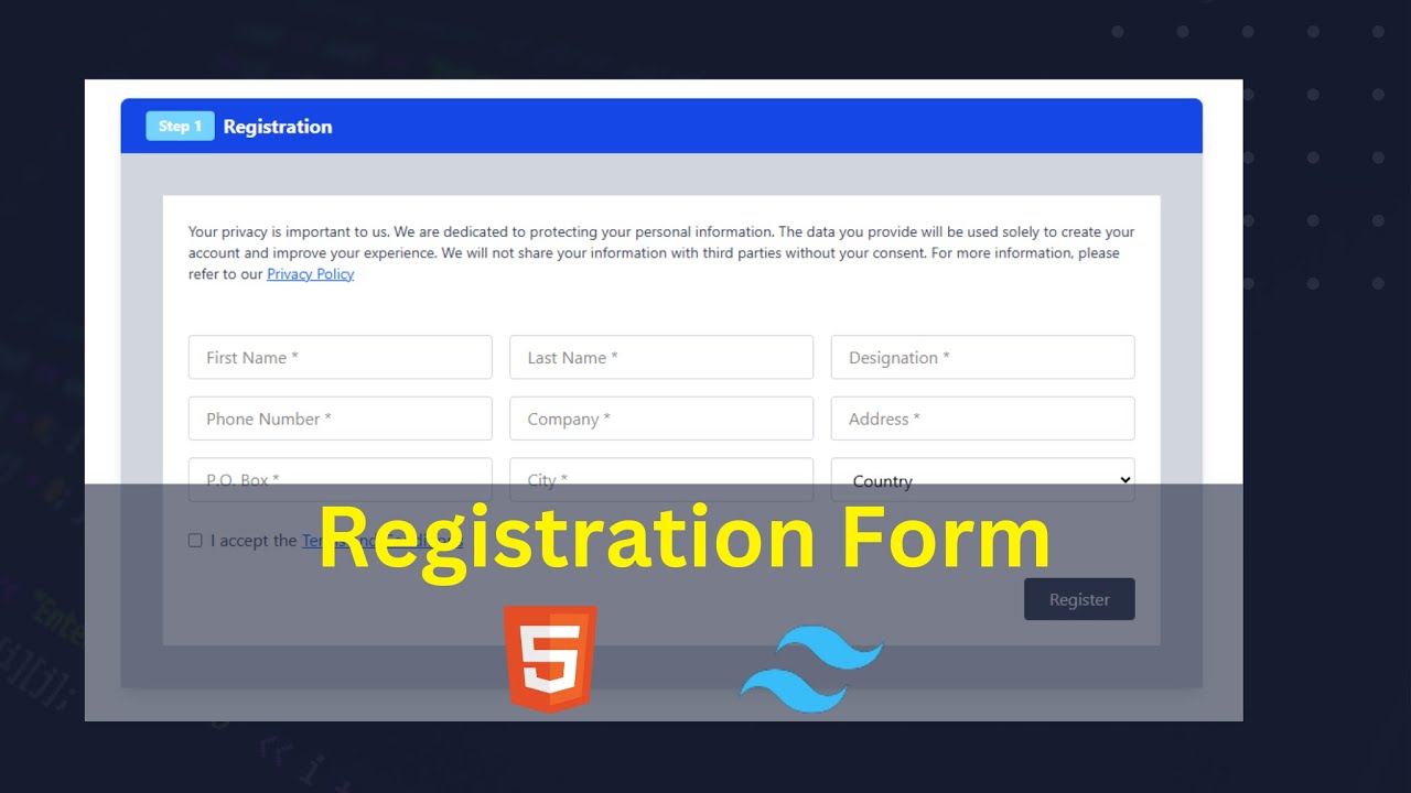 Create Registration Form Using HTML & Tailwind CSS