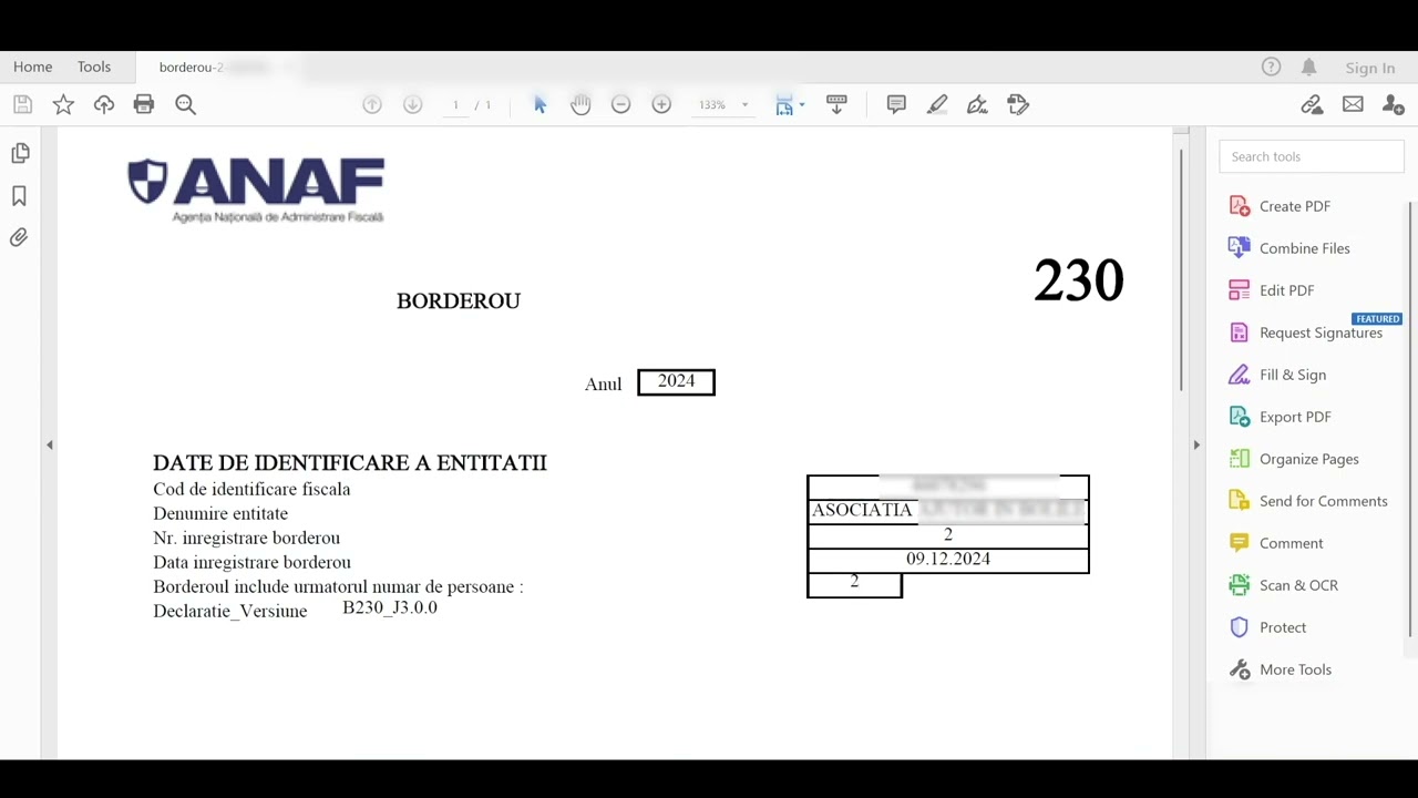 Formularul 230 - generare Borderou 230 fisier tip pdf