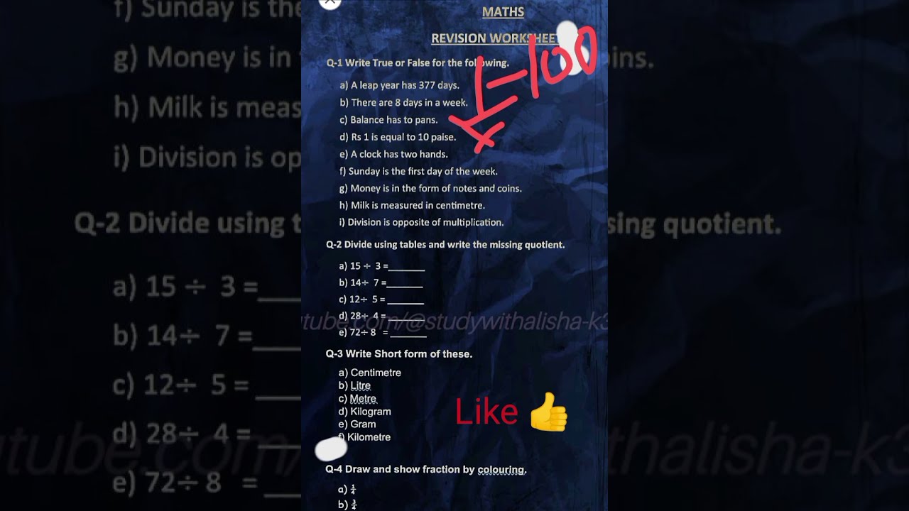 Class 2 Maths Revision Worksheet/Class 2 Maths Annual Exam WorkSheet -2/Math Revision Questions