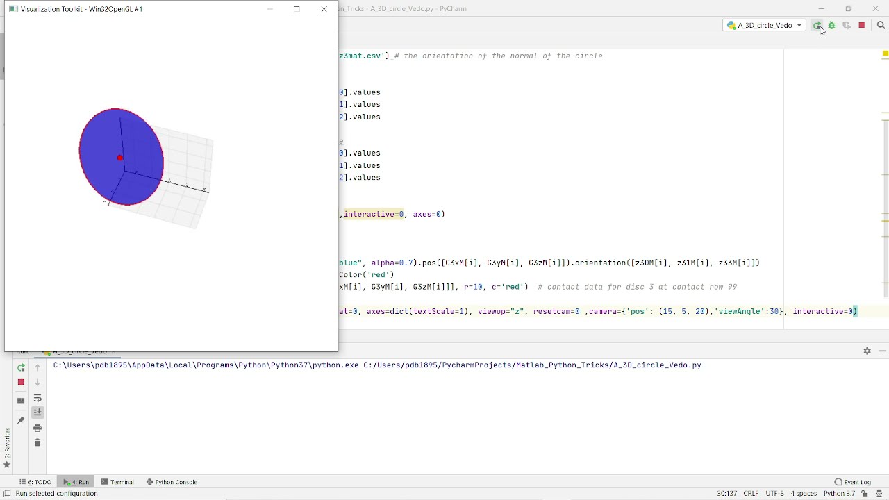 Plot a circle with changing position and orientation in 3D space using Vedo Python