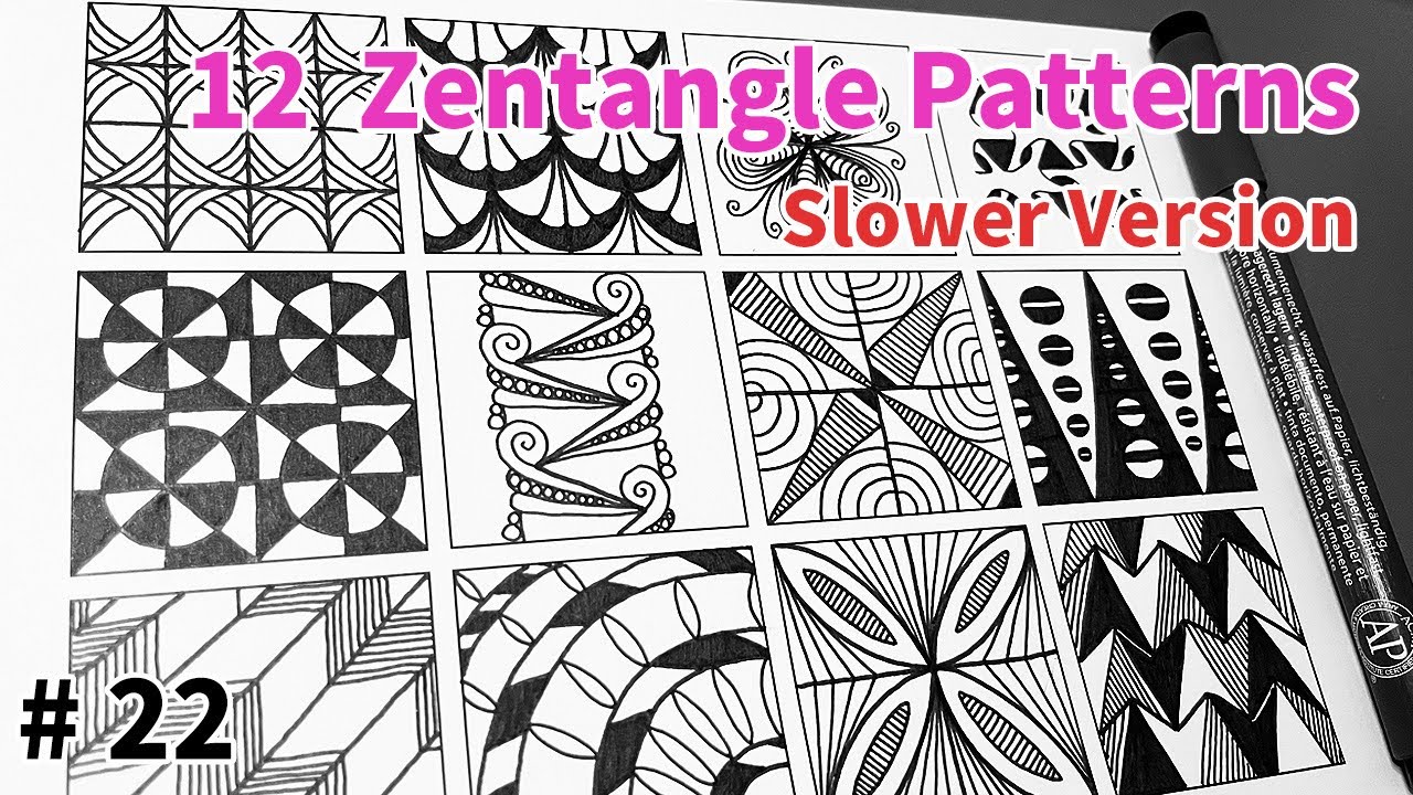12 Zentangle Patterns Tutorial Step by Step for Beginners #22 | 12 Doodle Patterns | Slower Version
