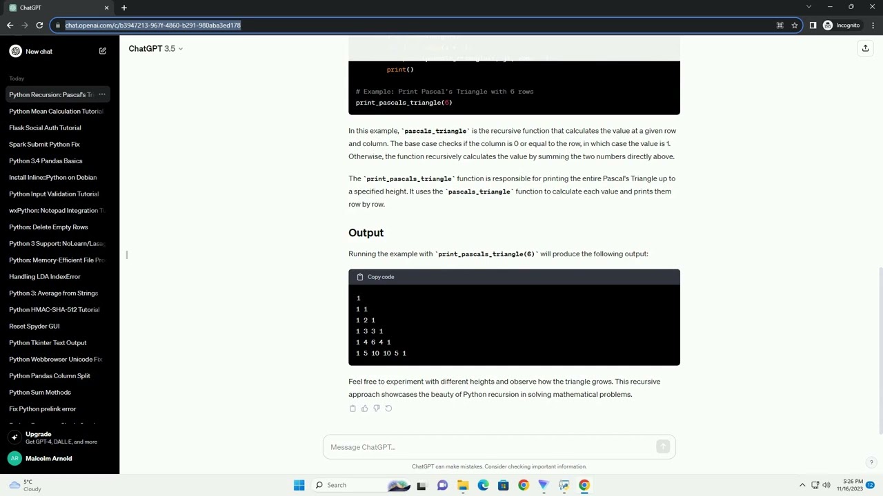 Creating Pascal s Triangle using Python Recursion