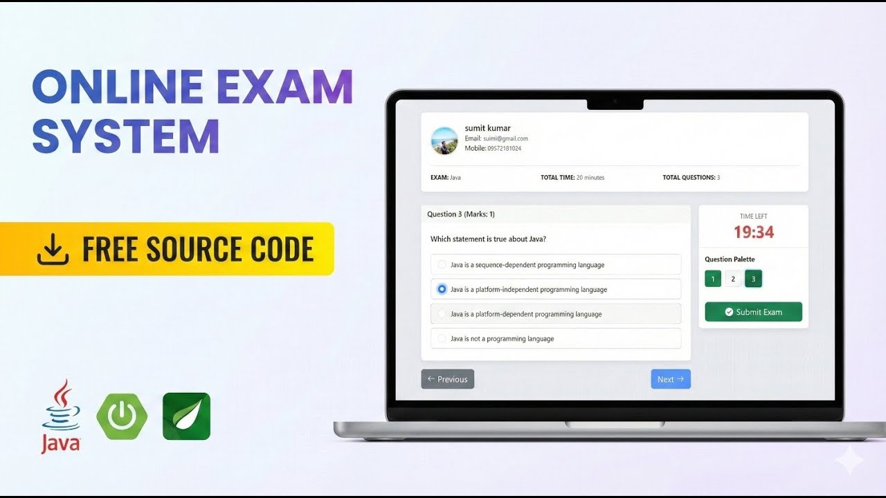 Online Exam System Project in Java Spring Boot | Free Source Code | Exam Portal Project