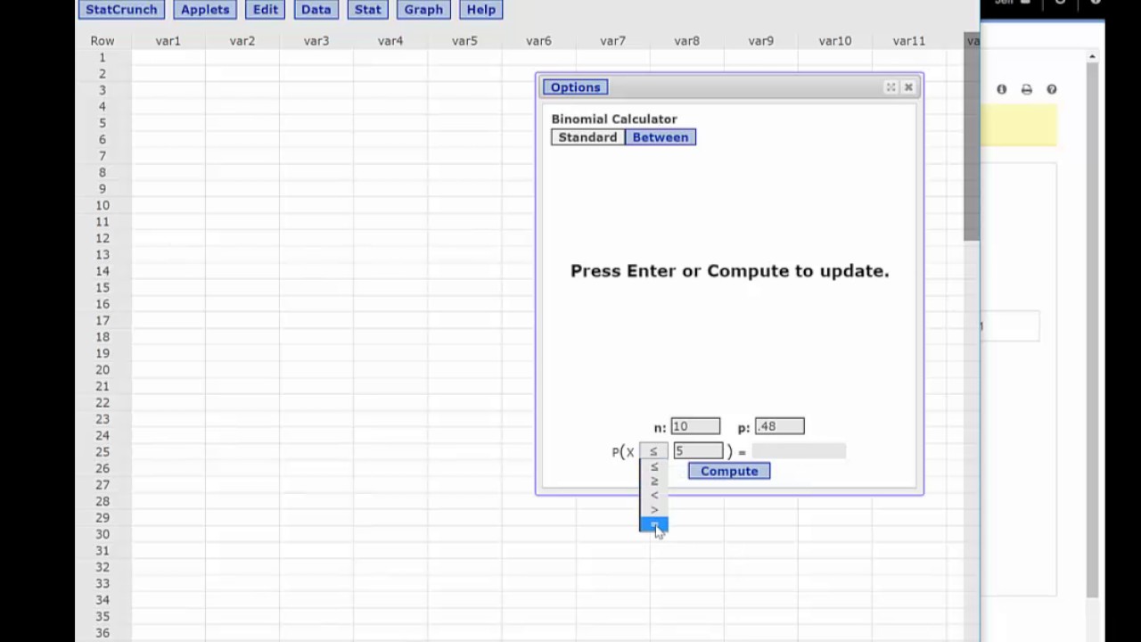 binomial calculations with statcrunch