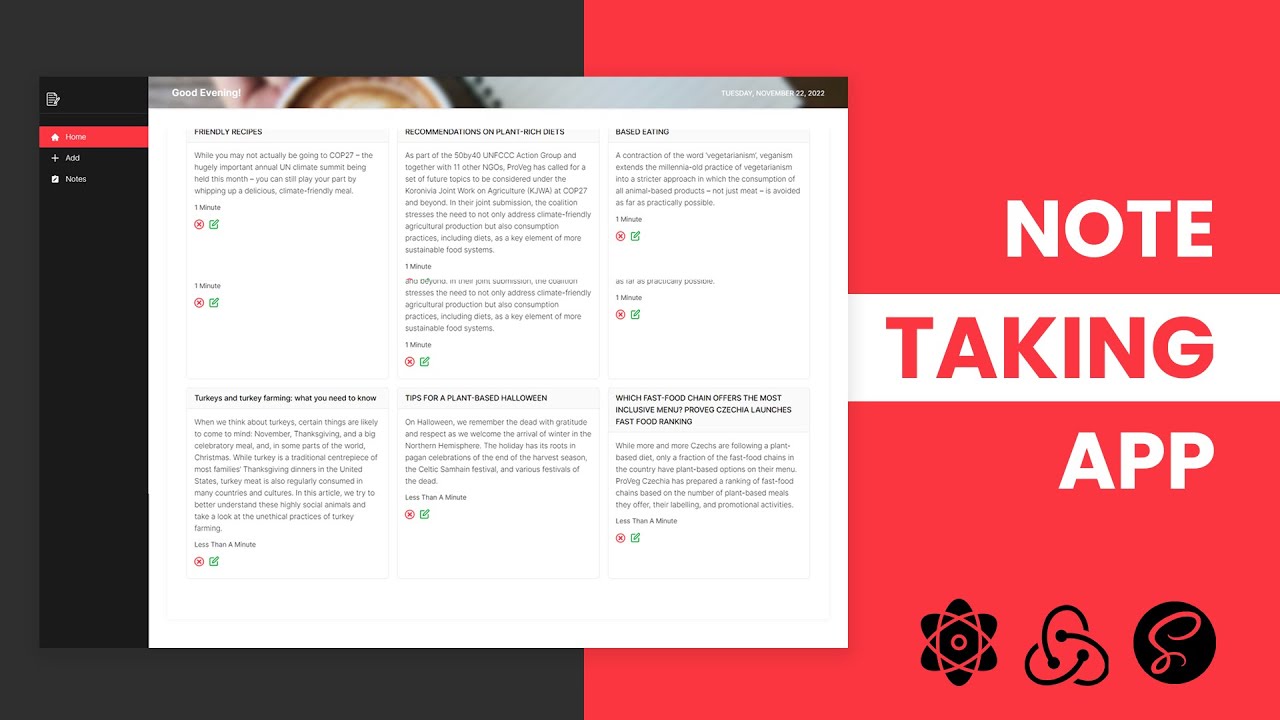 Simple Note Taking App Tutorial in React JS | React JS, Sass & React Redux | Tutorial for Beginner