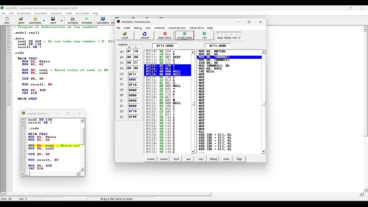 ALP for Subtraction of two 8 Bit Numbers | Video - 2 |  EMU8086 | Assembly Language Program