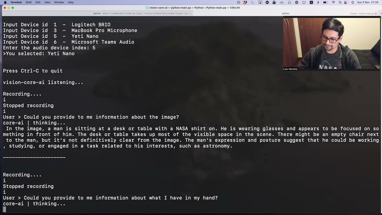 llama.cpp server with BakLLaVA-1 and a python client script with Whisper