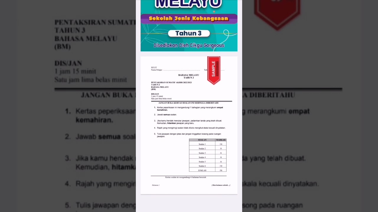 1 SET KERTAS PENTAKSIRAN SUMATIF AKHIR 2022/2023 BAHASA MELAYU SJK TAHUN 3 (FORMAT TERKINI)