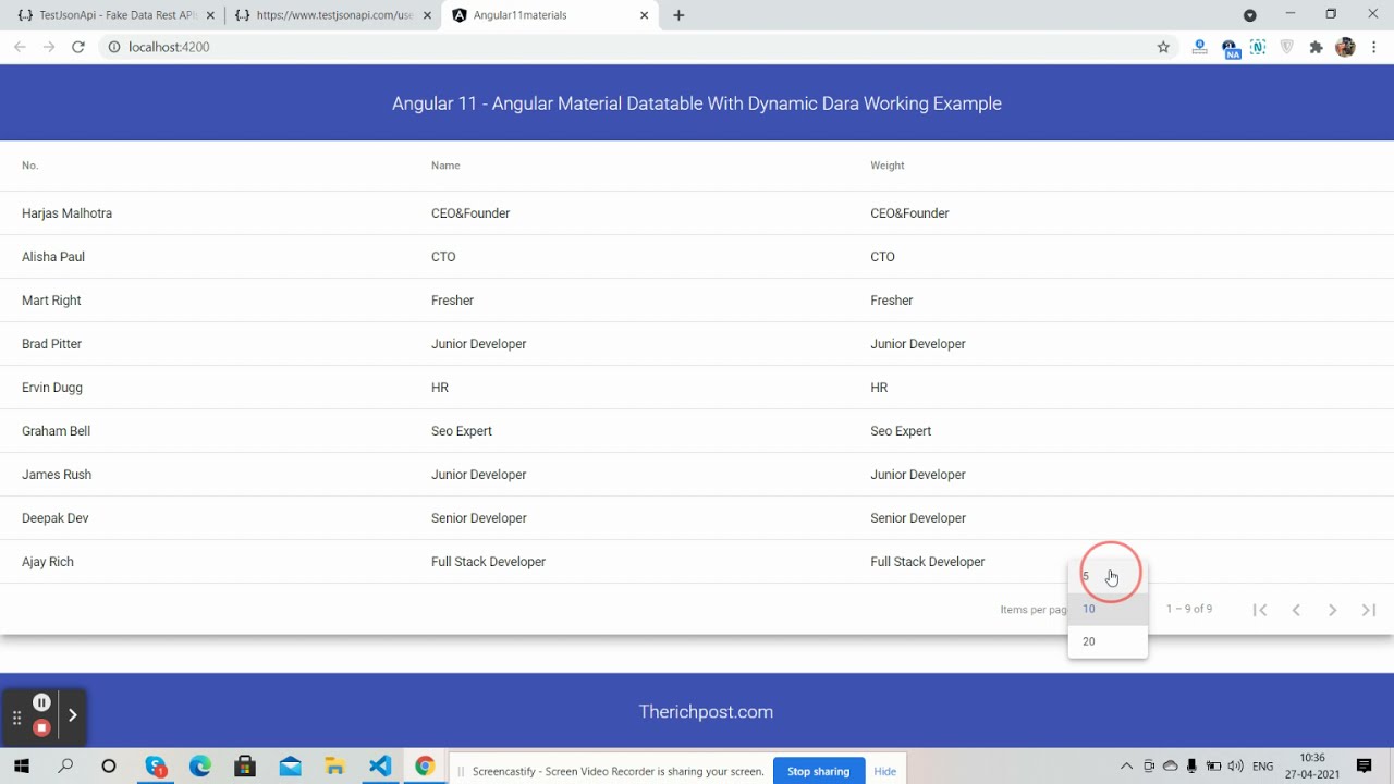 Angular 11 Material Data table with Dynamic Data