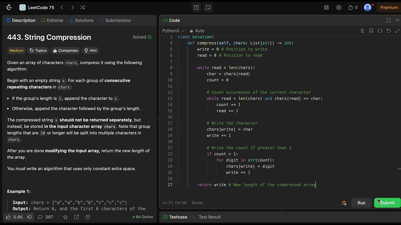 Leetcode 75 - String Compression - 9 of 75 - Python - Leetcode Solution