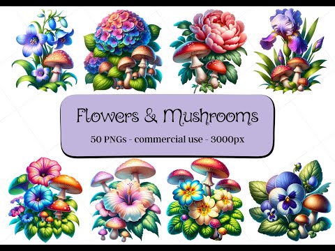 50 Flowers & Mushrooms Clipart, Botanical Clipart