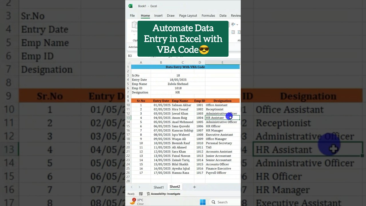 Do Data entry by using Macros in Excel #macros #vba #excel