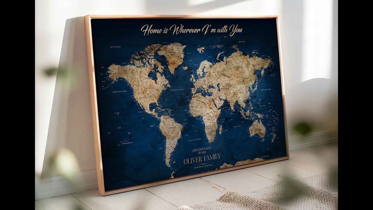Personalized Push Pin World Map Canvas | Customizable Framed Travel Map Wall Art Print