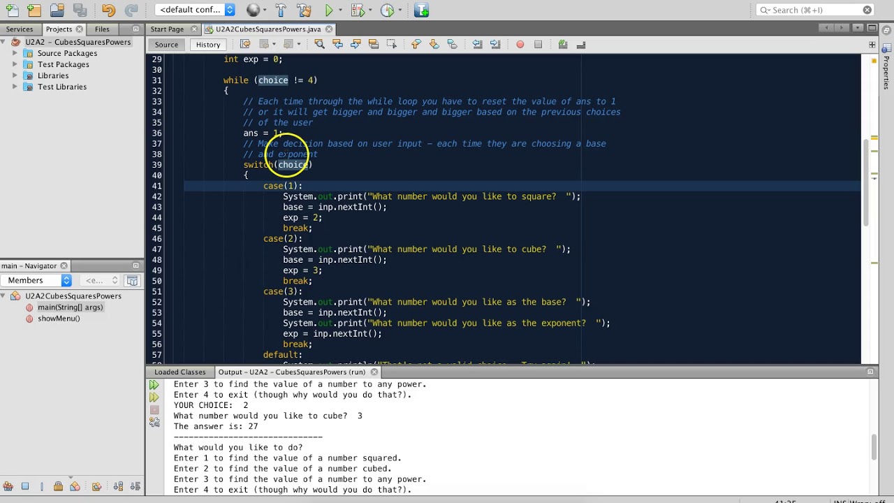 Java Programming - Using the Math Library for Cubes, Squares and Powers