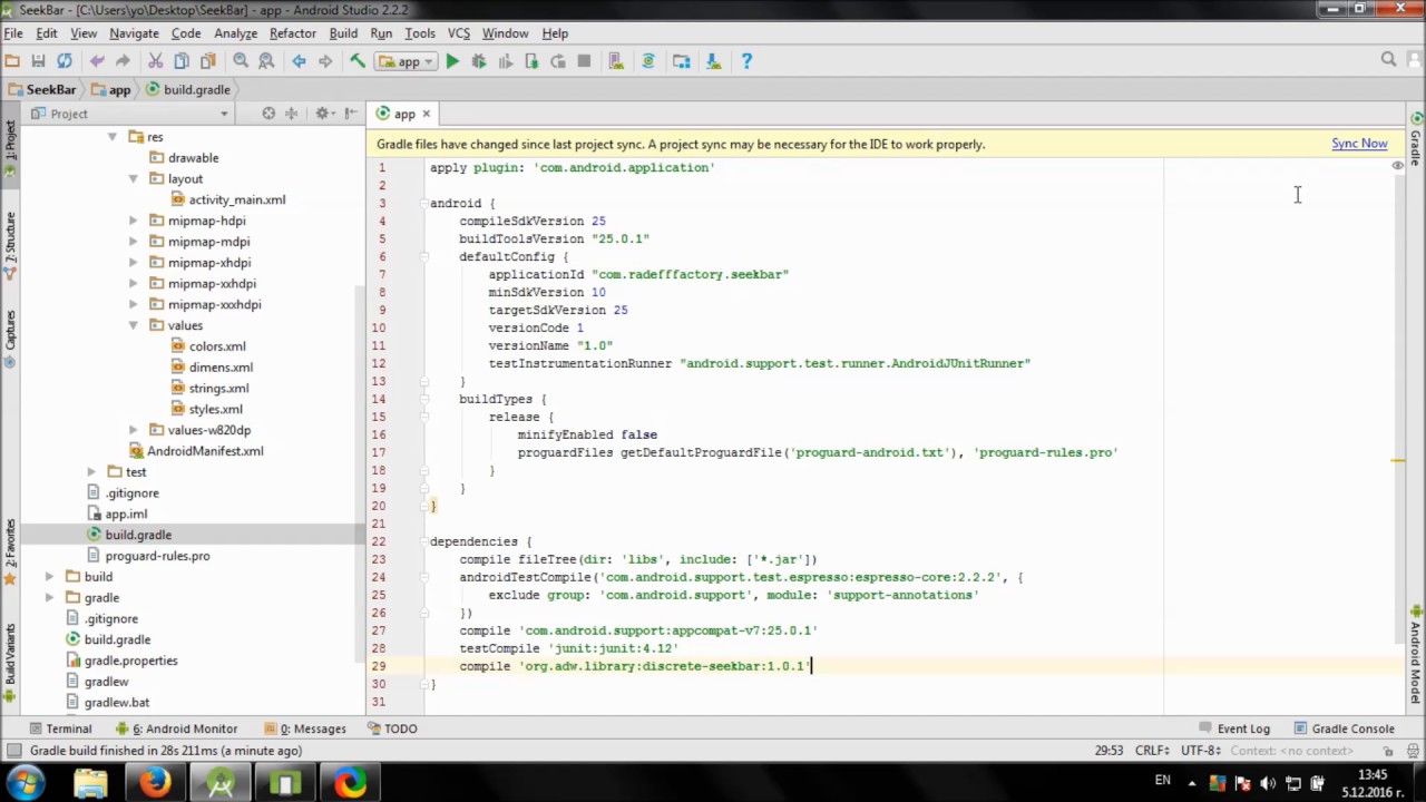 Using DiscreteSeekBar library in Android Studio
