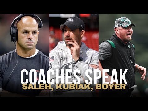 Robert Saleh, Klay Kubiak, Brant Boyer at start of 49ers rookie minicamp