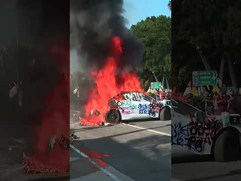 Video | Protesters set Waymo cars on fire in Los Angeles anti-ICE ...