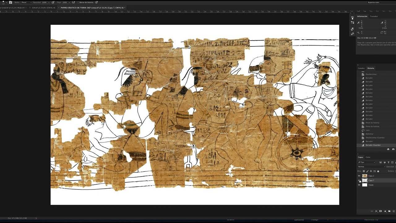 Papiro Erótico de Turín · Detalle de la reconstrucción · Erotic Papyrus of Turin