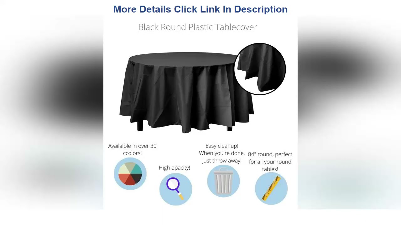 Video Review 12-Pack Premium Plastic Tablecloth 84in. Round Table Cover - Black