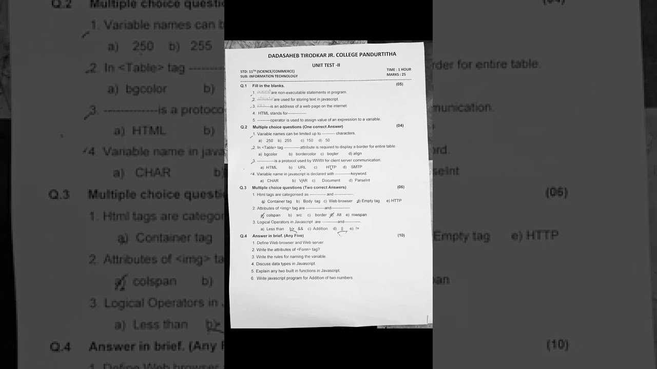 11th class|| Unit test-2 Information technology paper in 2022 ||