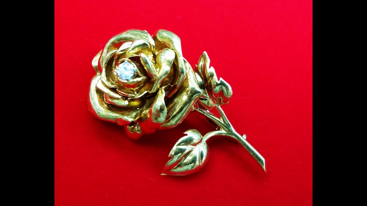 Vintage 1960's Cartier Rose Flower Pin Brooch 18k Gold and Diamond