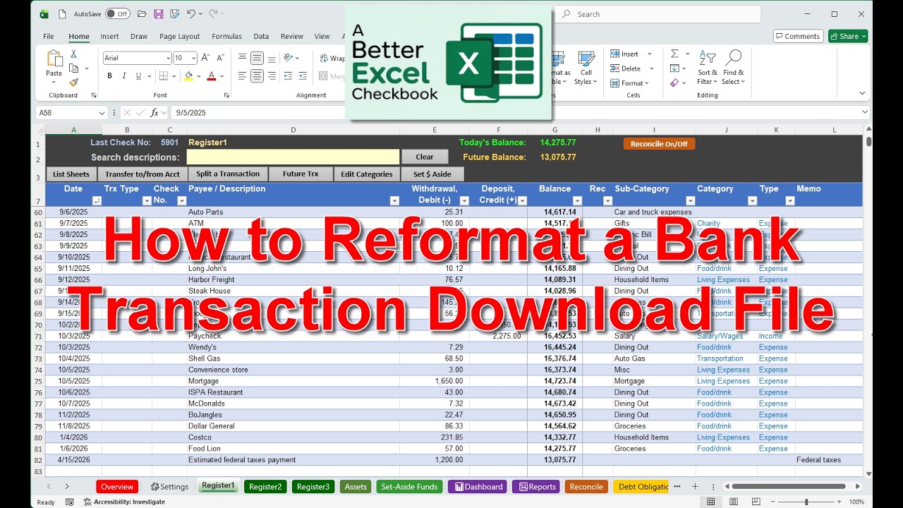Excel Checkbook - How to Reformat Bank Transaction Downloads