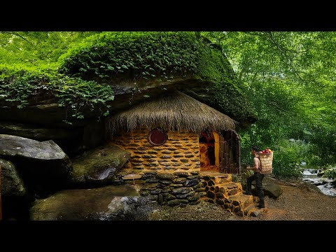 I Built a Bushcraft Survival House Under a Giant Rock Cave| Primitive Villa