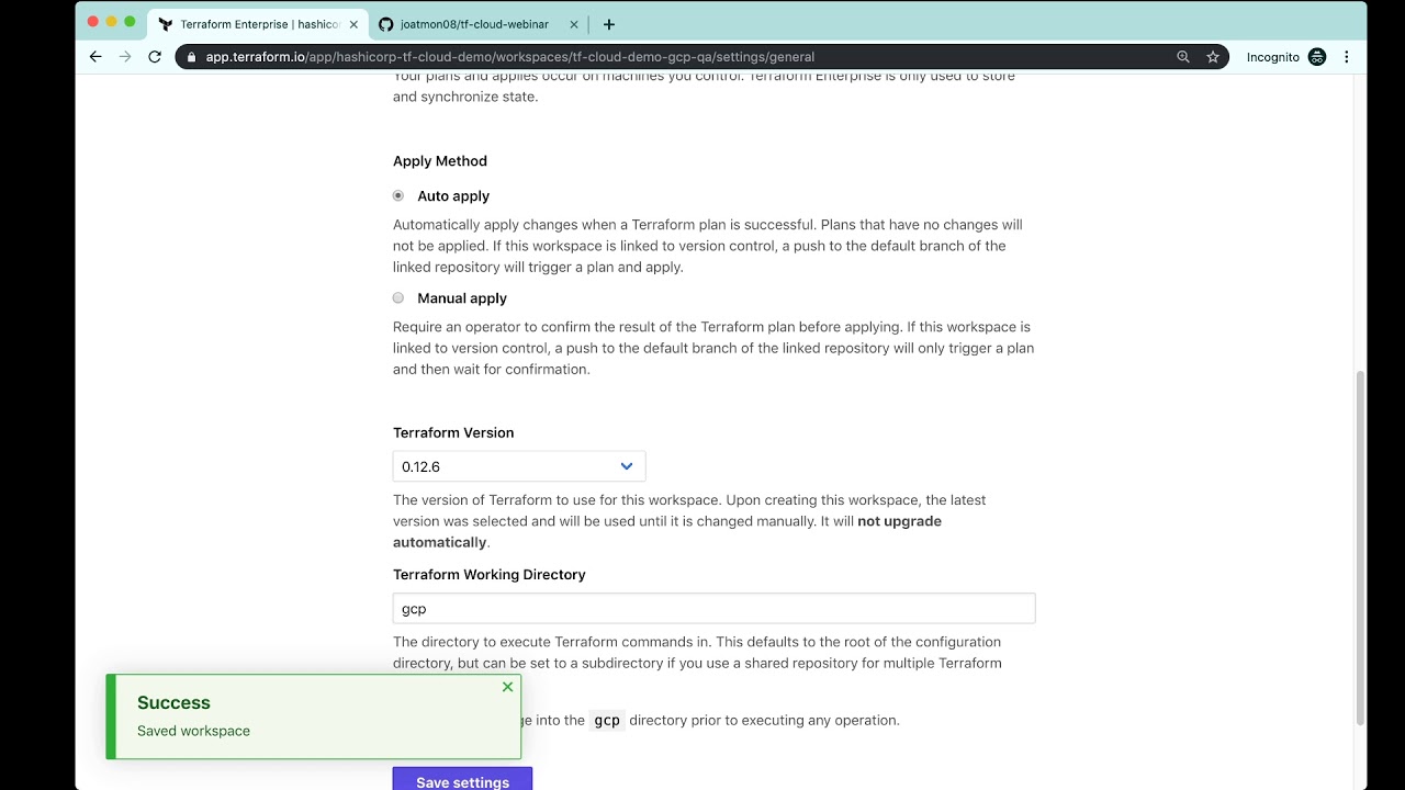 Demo: Terraform Cloud + Github VCS