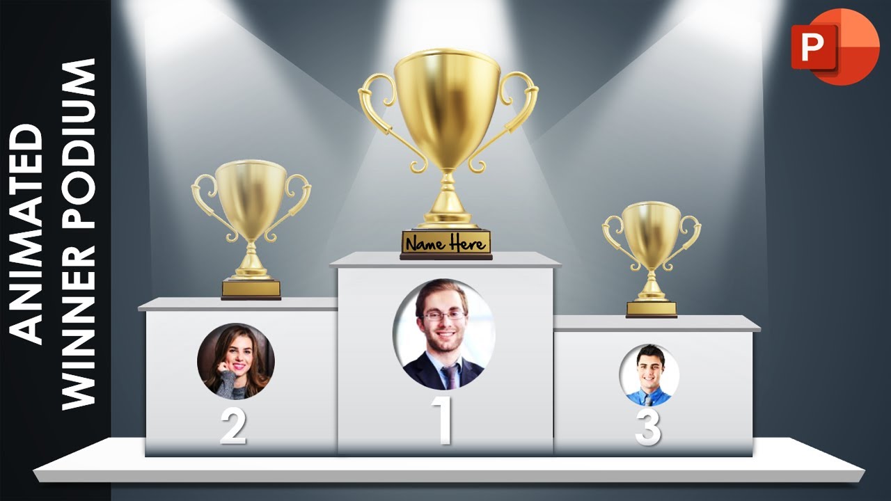 Animated Winner Podium PowerPoint Template with Trophies and Spotlight